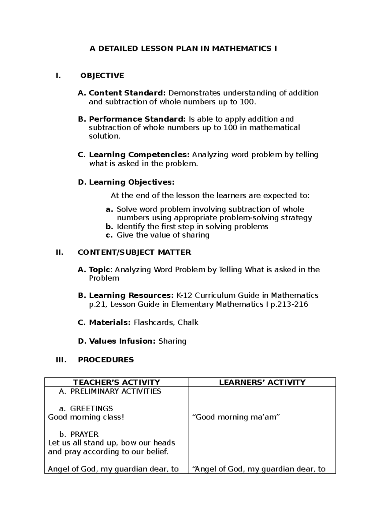Mathematics DLP - Lesson plan - A DETAILED LESSON PLAN IN MATHEMATICS I ...