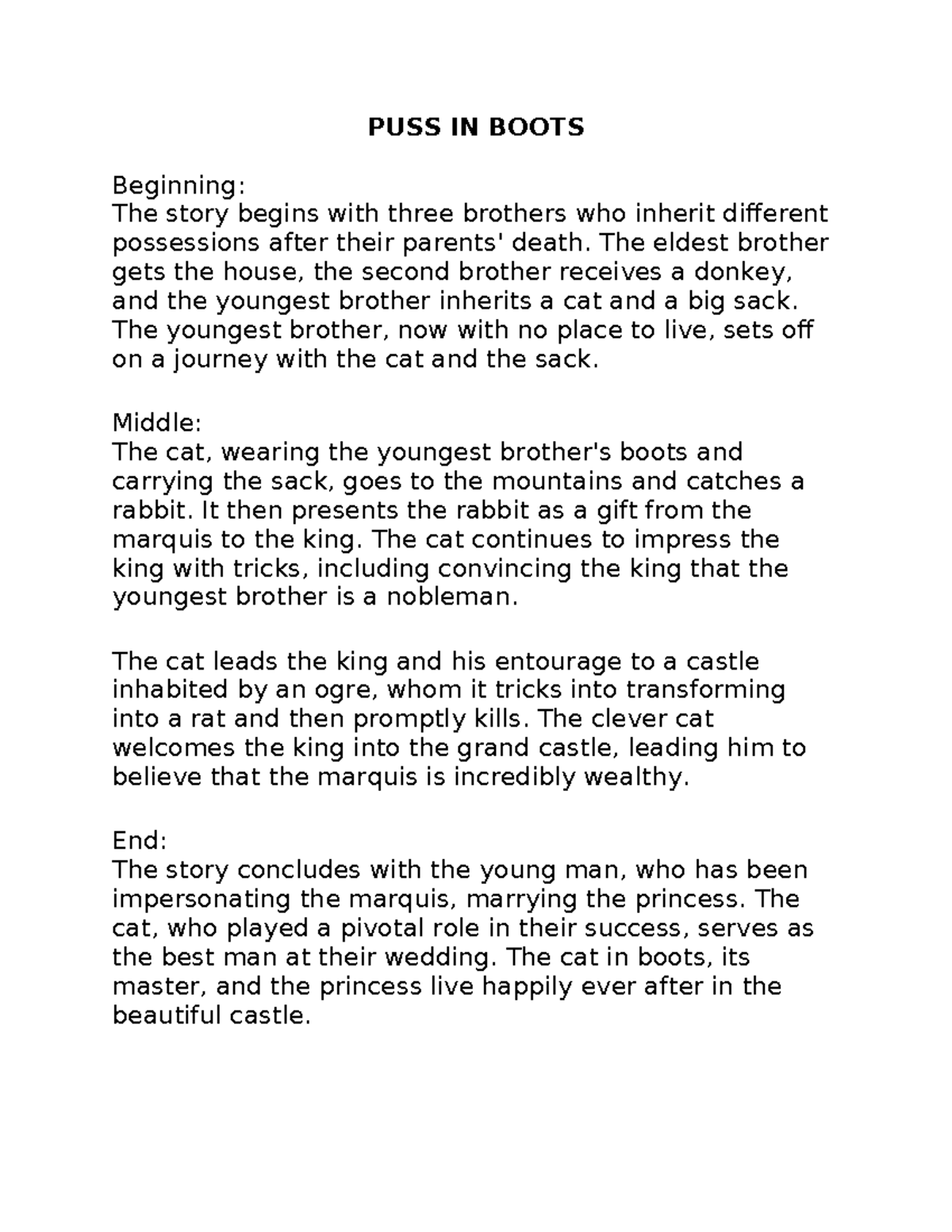 Puss-in-boots - PUSS IN BOOTS Beginning: The story begins with three ...