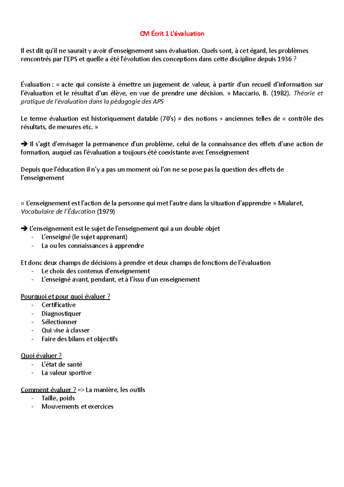 CM Evaluation en EPS - CM Écrit 1 L’évaluation Il est dit qu’il ne ...