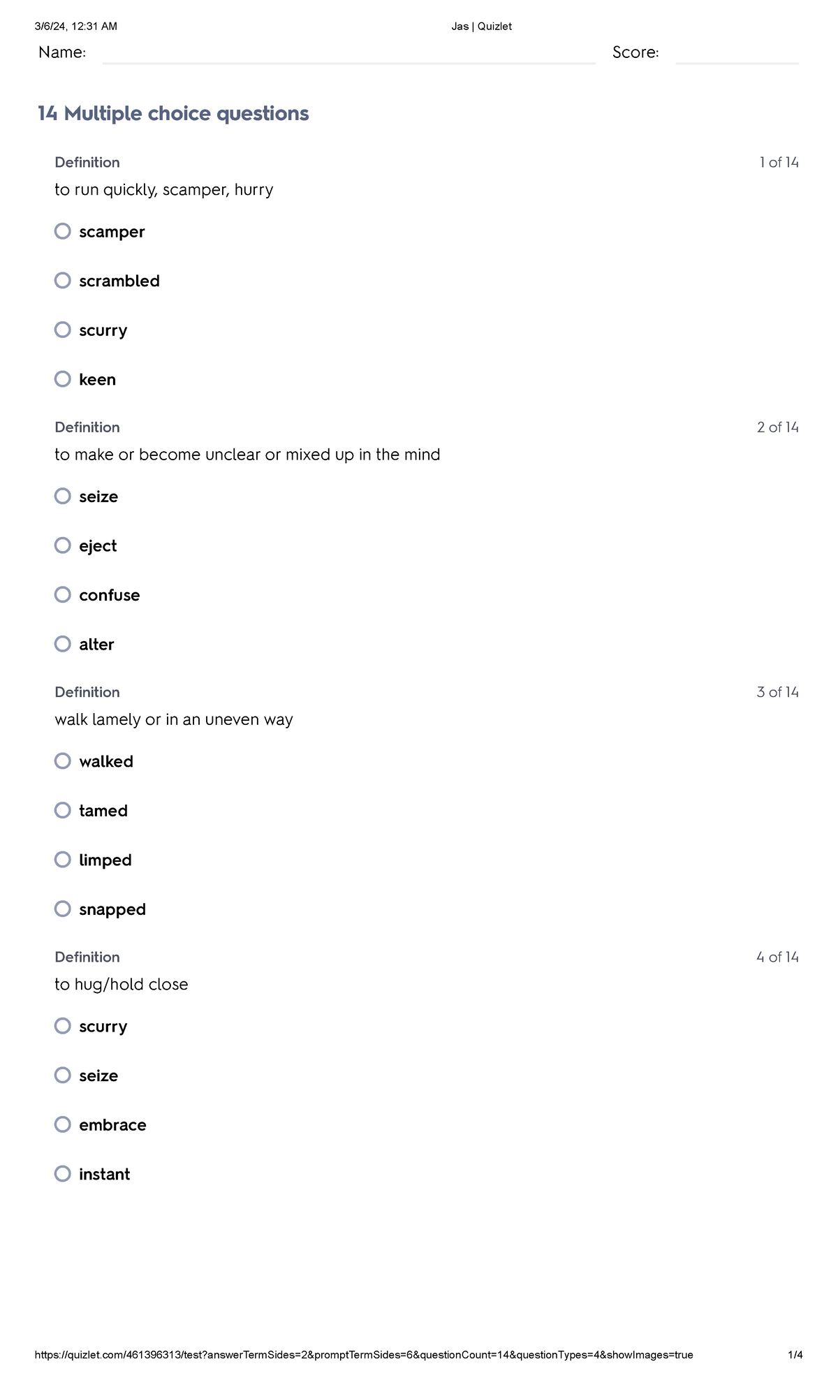 Jas - able to float easily - Name: Score: 14 Multiple choice questions ...