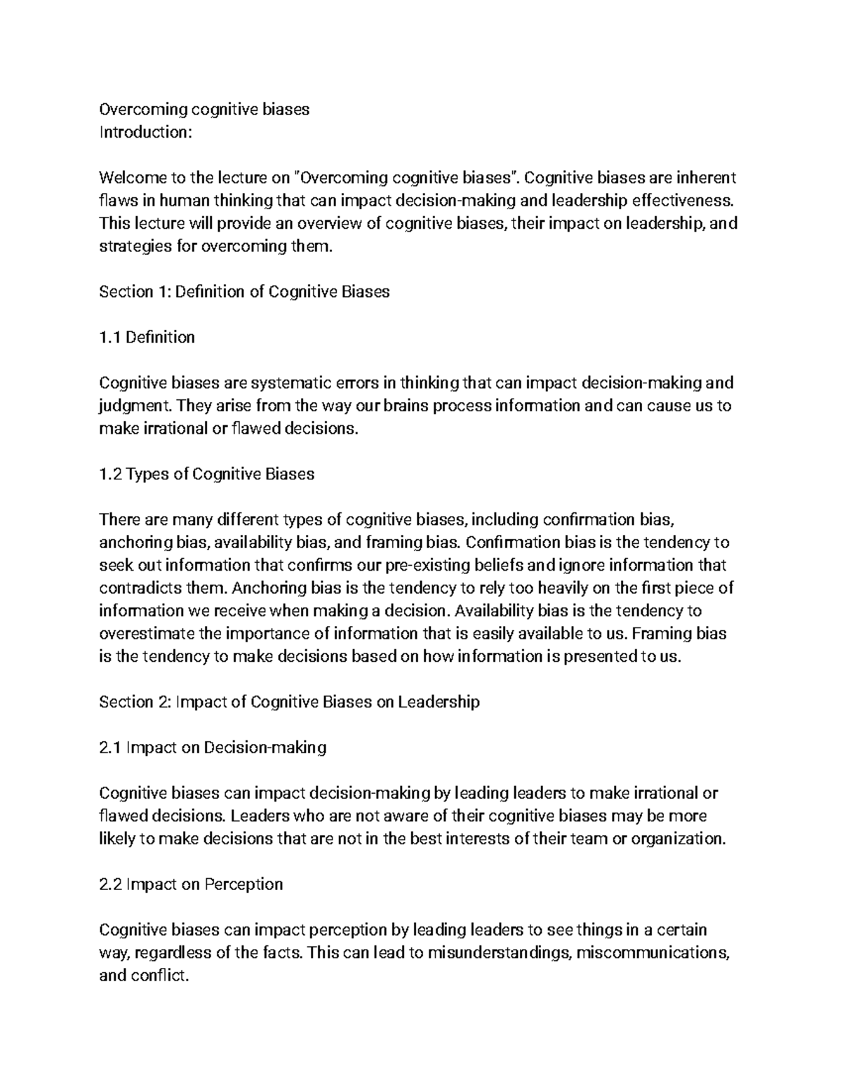 Leadership Development (BMT-2750) Lecture 13 - Overcoming cognitive ...