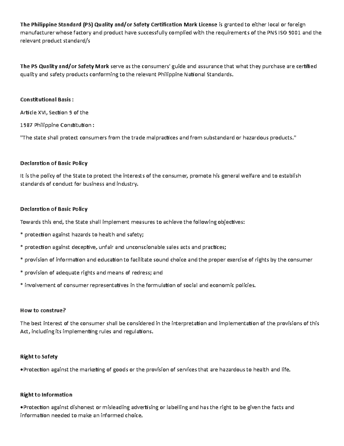 LAW Notes - ... - The Philippine Standard (PS) Quality and/or Safety ...