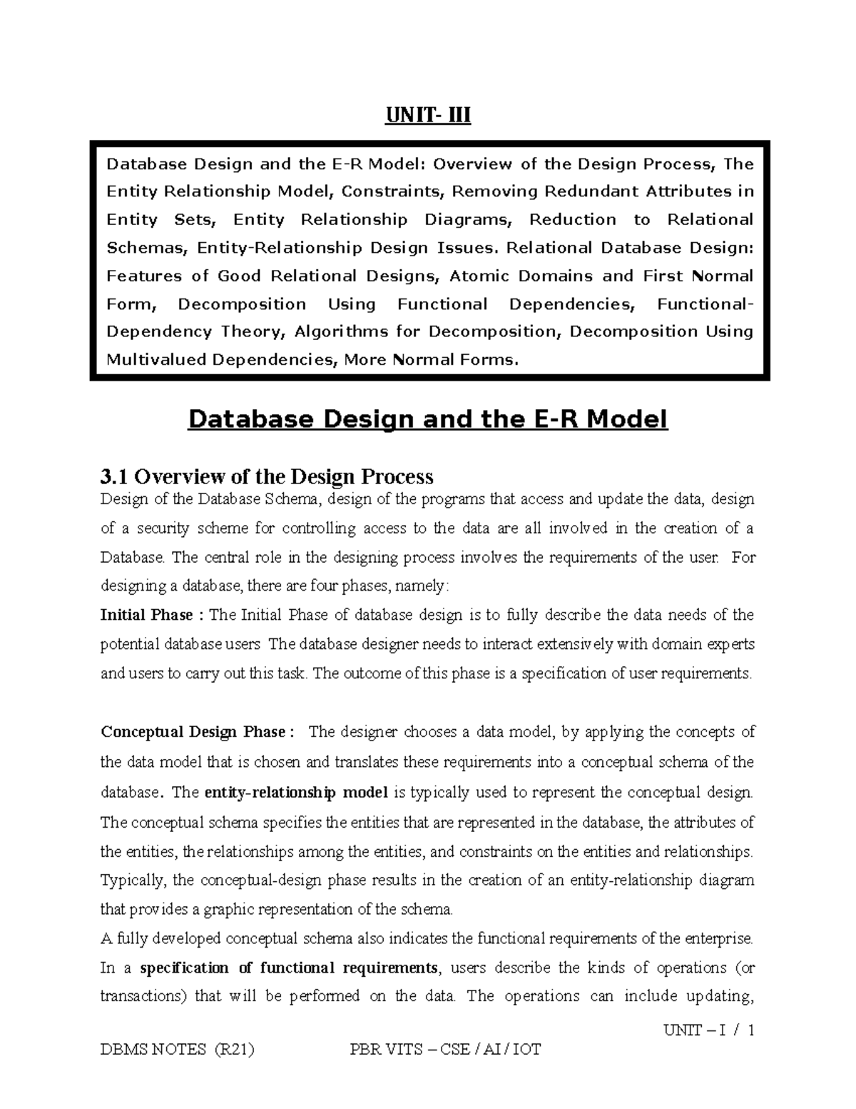 Dbms Unit 3 Notes R21 Unit Iii Database Design And The E R Model Overview Of The Design