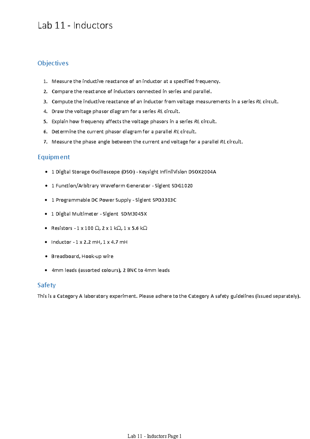 Lab 11 - Inductors - Lab 11 Inductor Work - 1. Measure the inductive reactance of an inductor at ...
