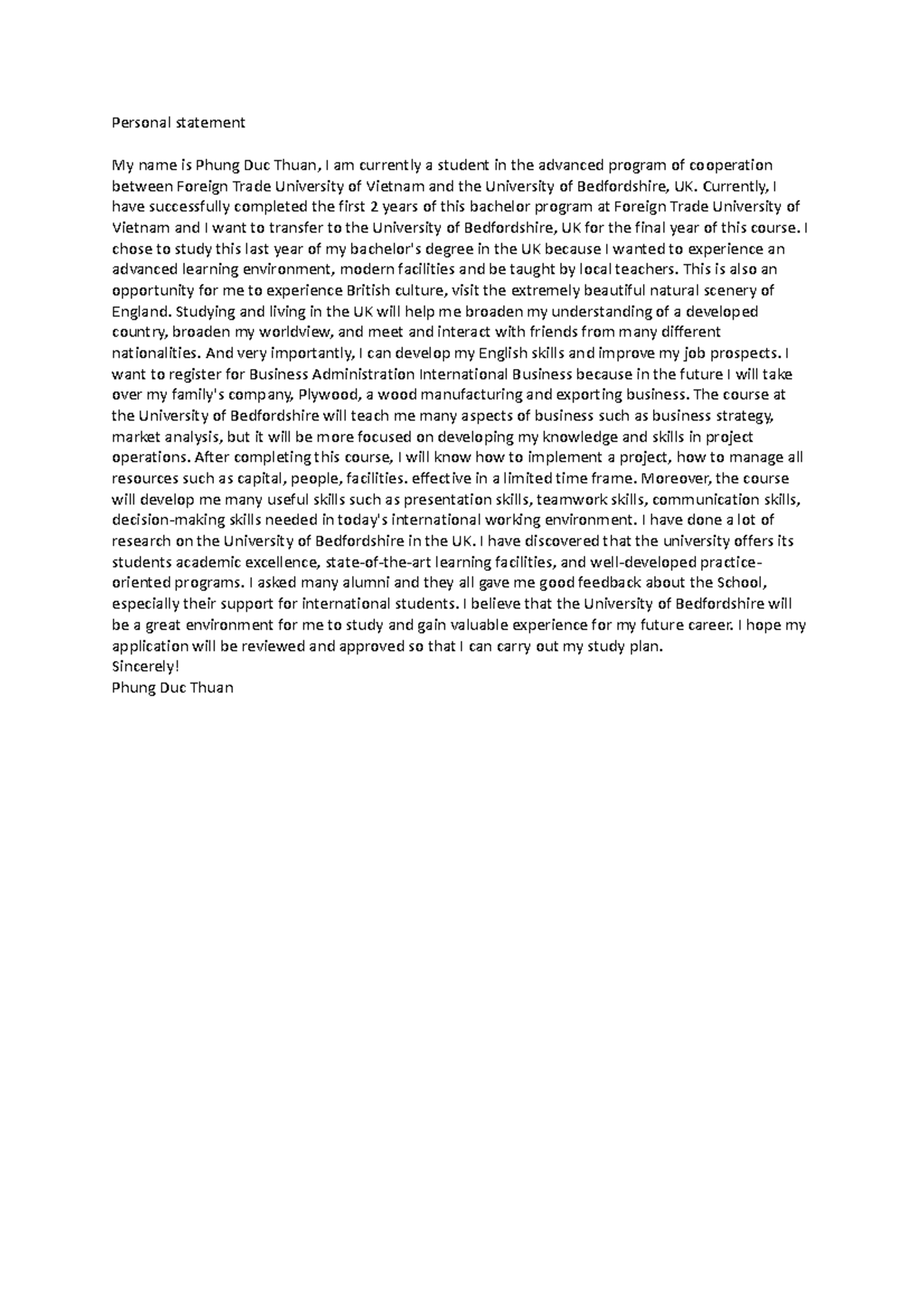 Personal statement - Currently, I have successfully completed the first ...