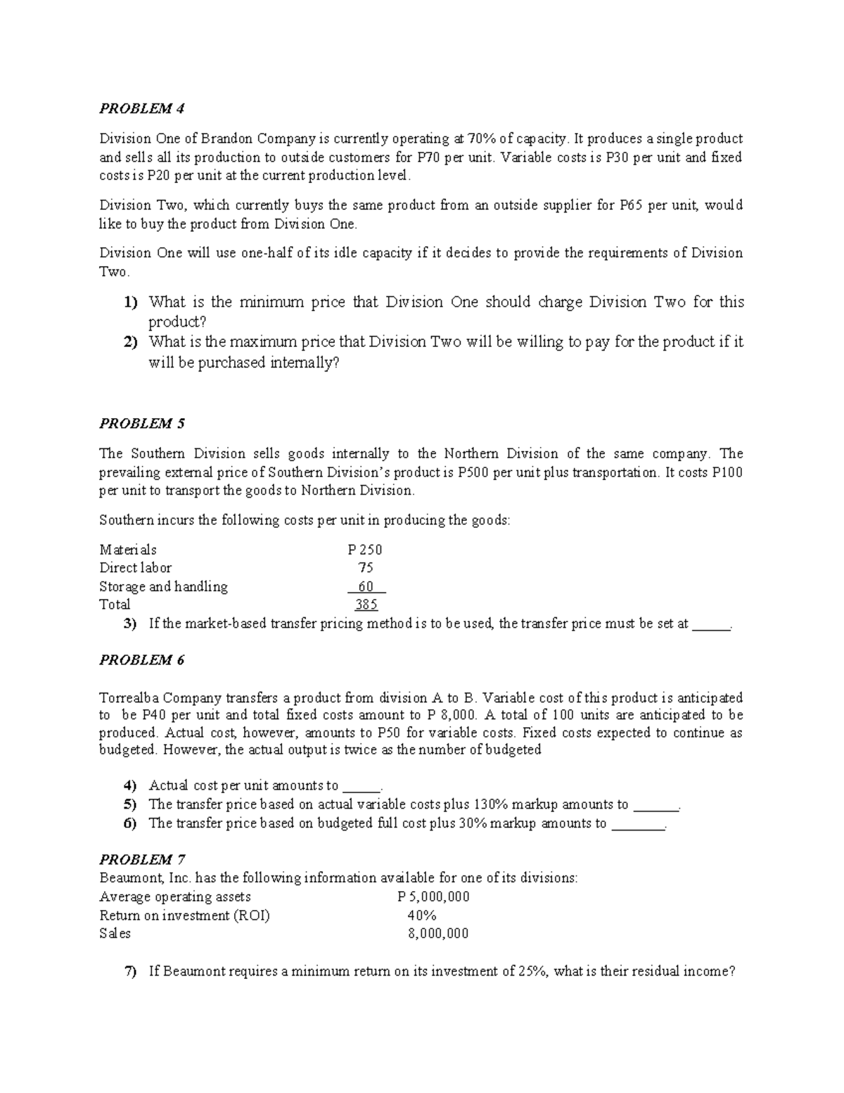 Sba mid prob set 2. stodu - PROBLEM 4 Division One of Brandon Company ...