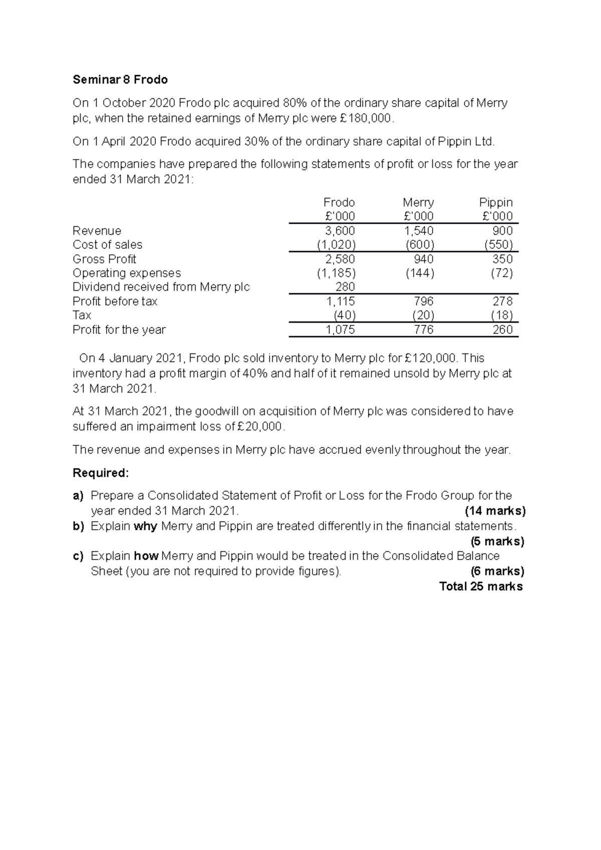 Seminar 8 Frodo question - Seminar 8 Frodo On 1 October 2020 Frodo plc ...