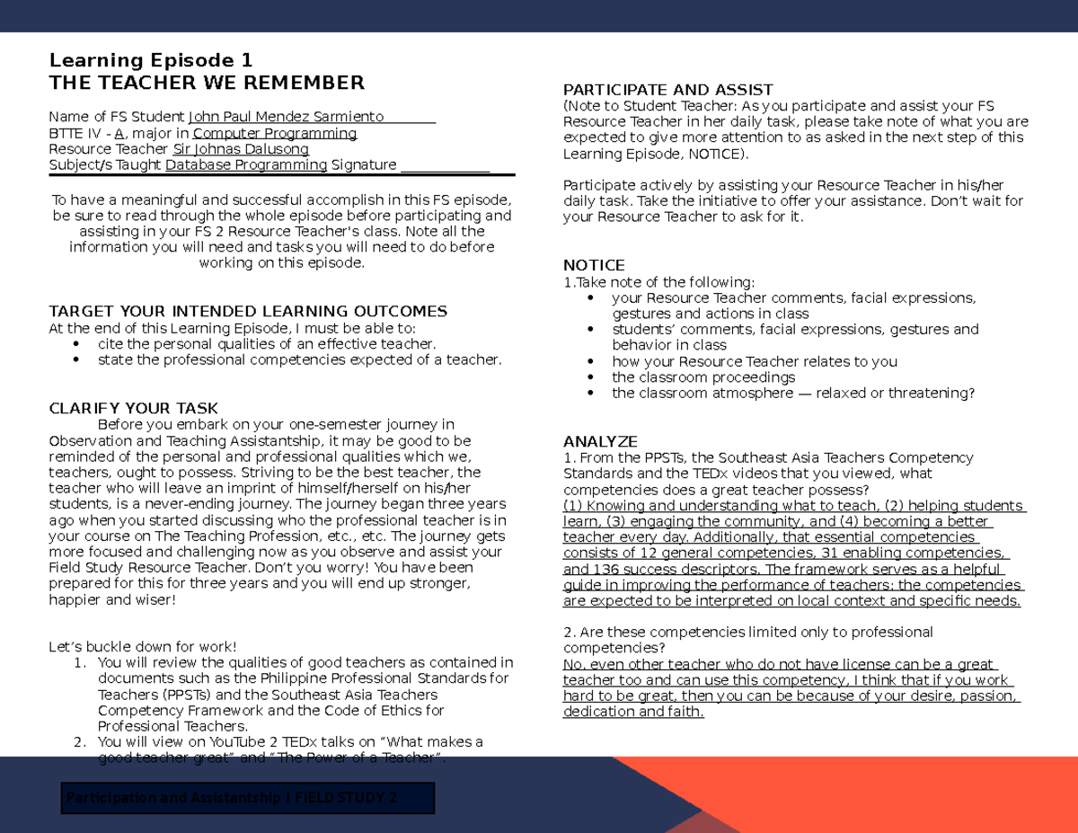 Learning Episode 1 - FS 2 - Learning Episode 1 THE TEACHER WE REMEMBER ...