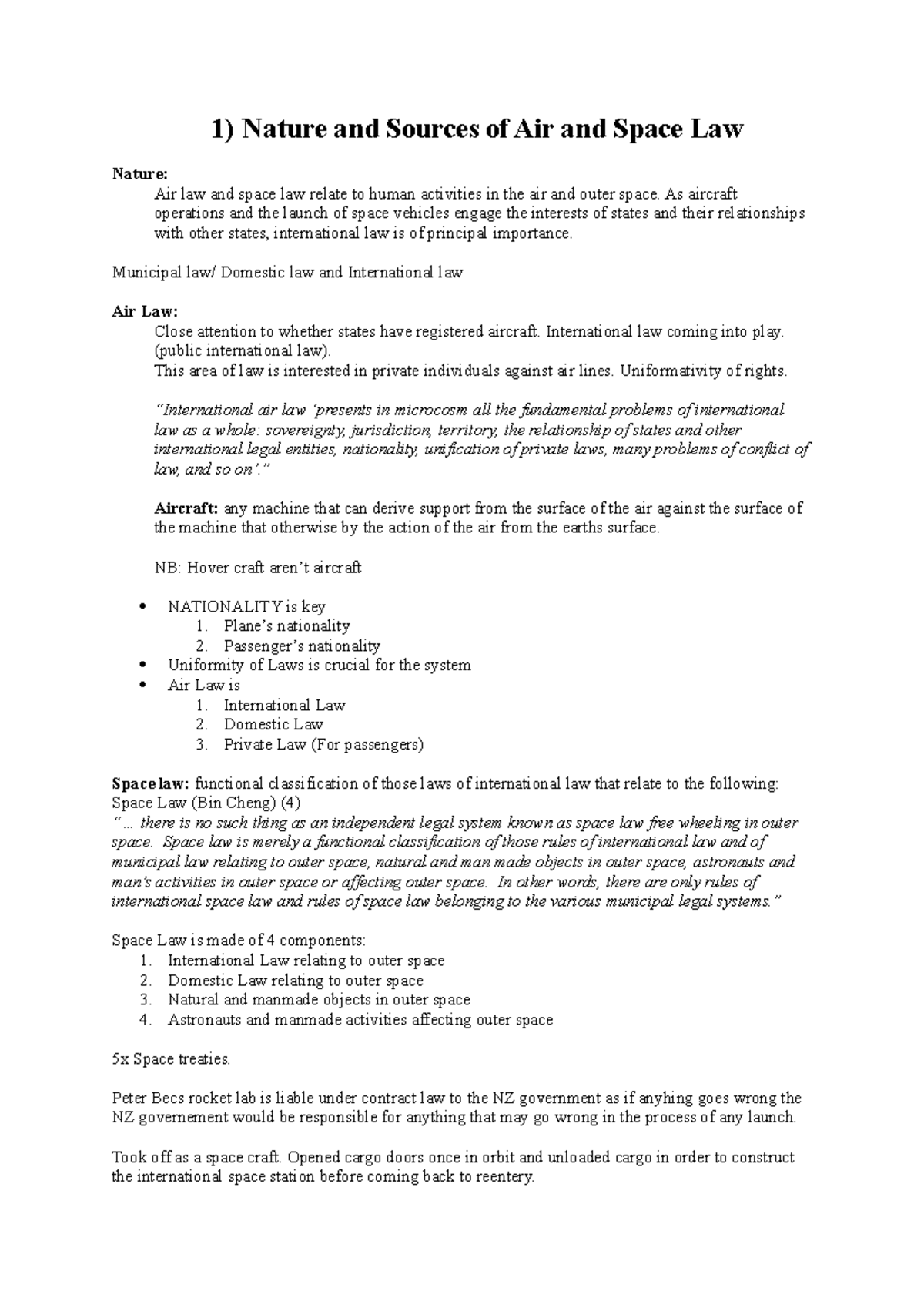 Air and Space law notes - 1) Nature and Sources of Air and Space Law ...