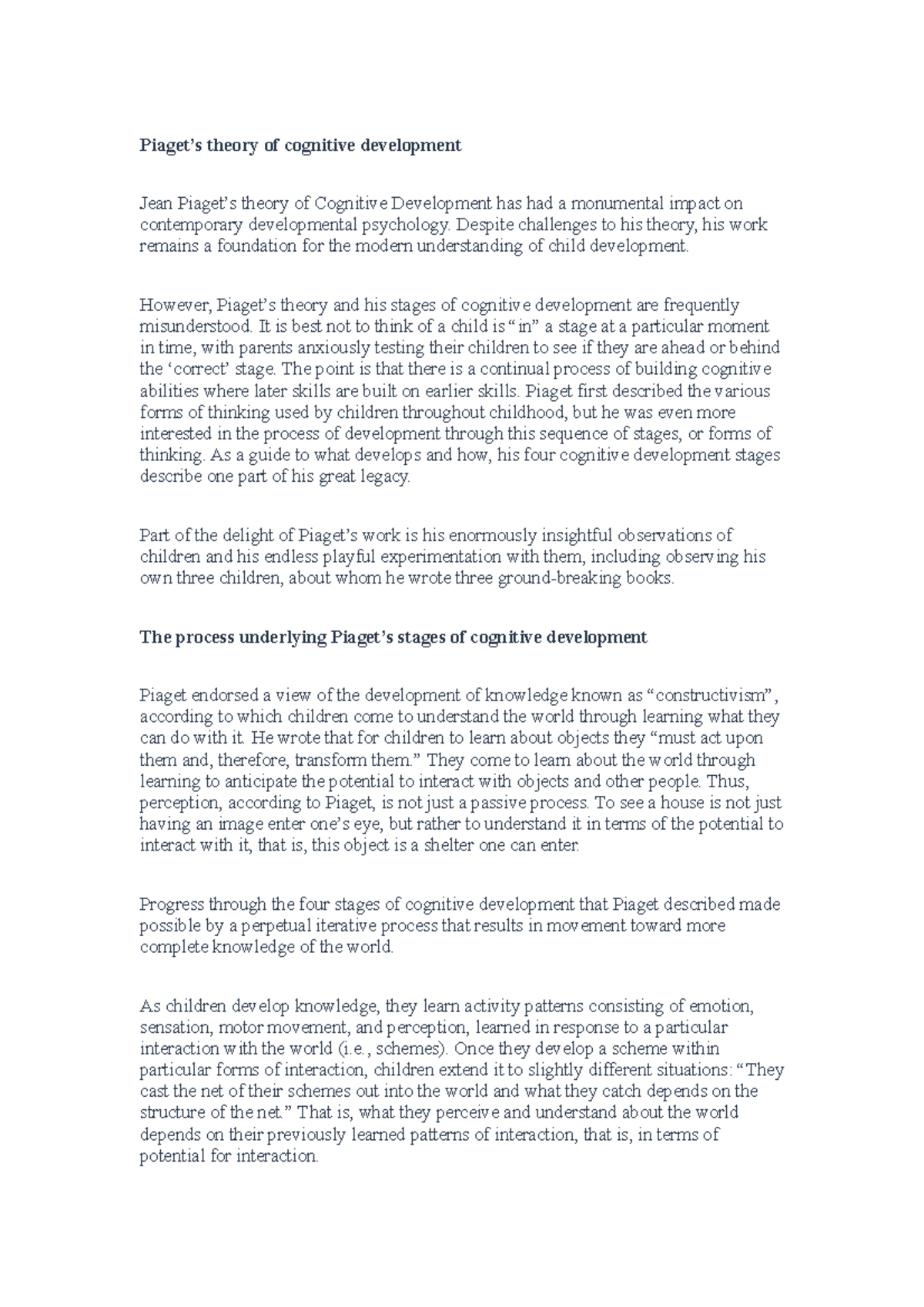 Piaget Theory of Cognitive Development - Despite challenges to his ...