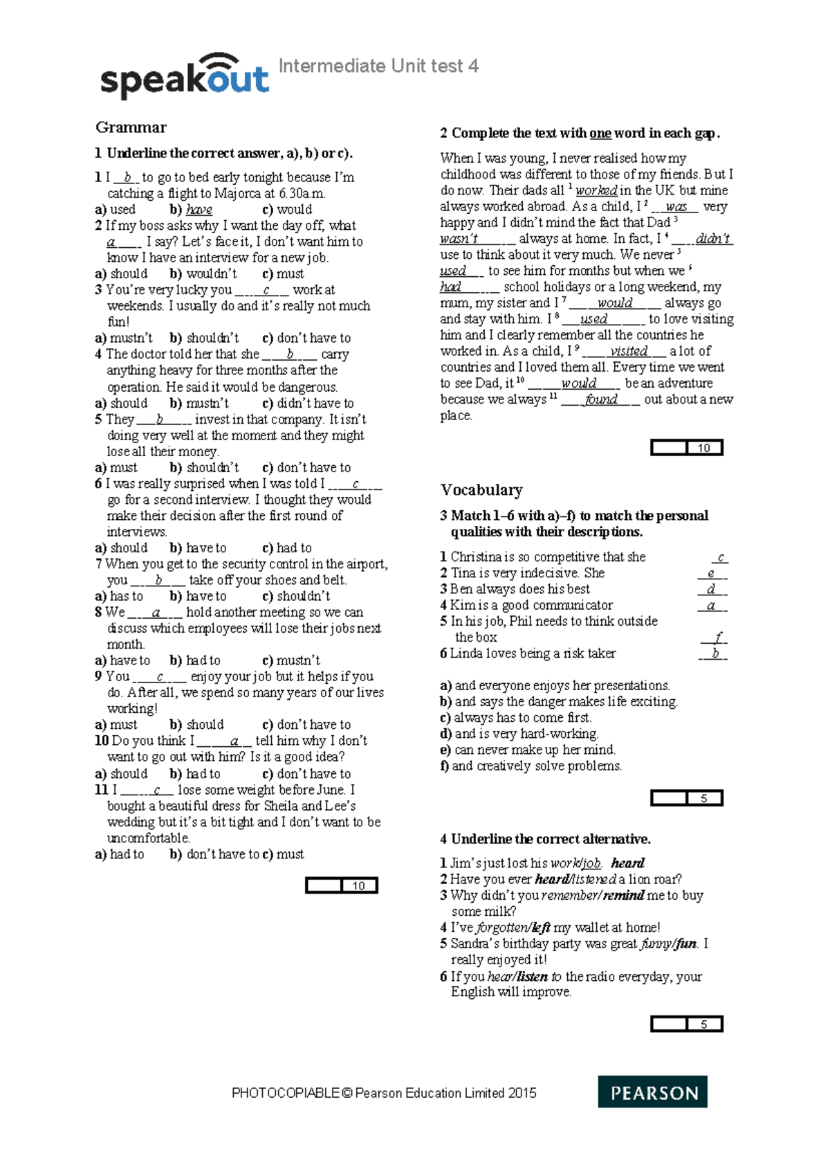 Unit 4 - Practice Exercise - Intermediate Unit test 4 Grammar 1 ...
