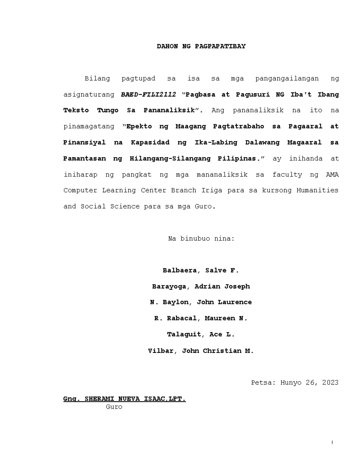 Final- Draft- Filipino - I DAHON NG PAGPAPATIBAY Bilang pagtupad sa isa ...
