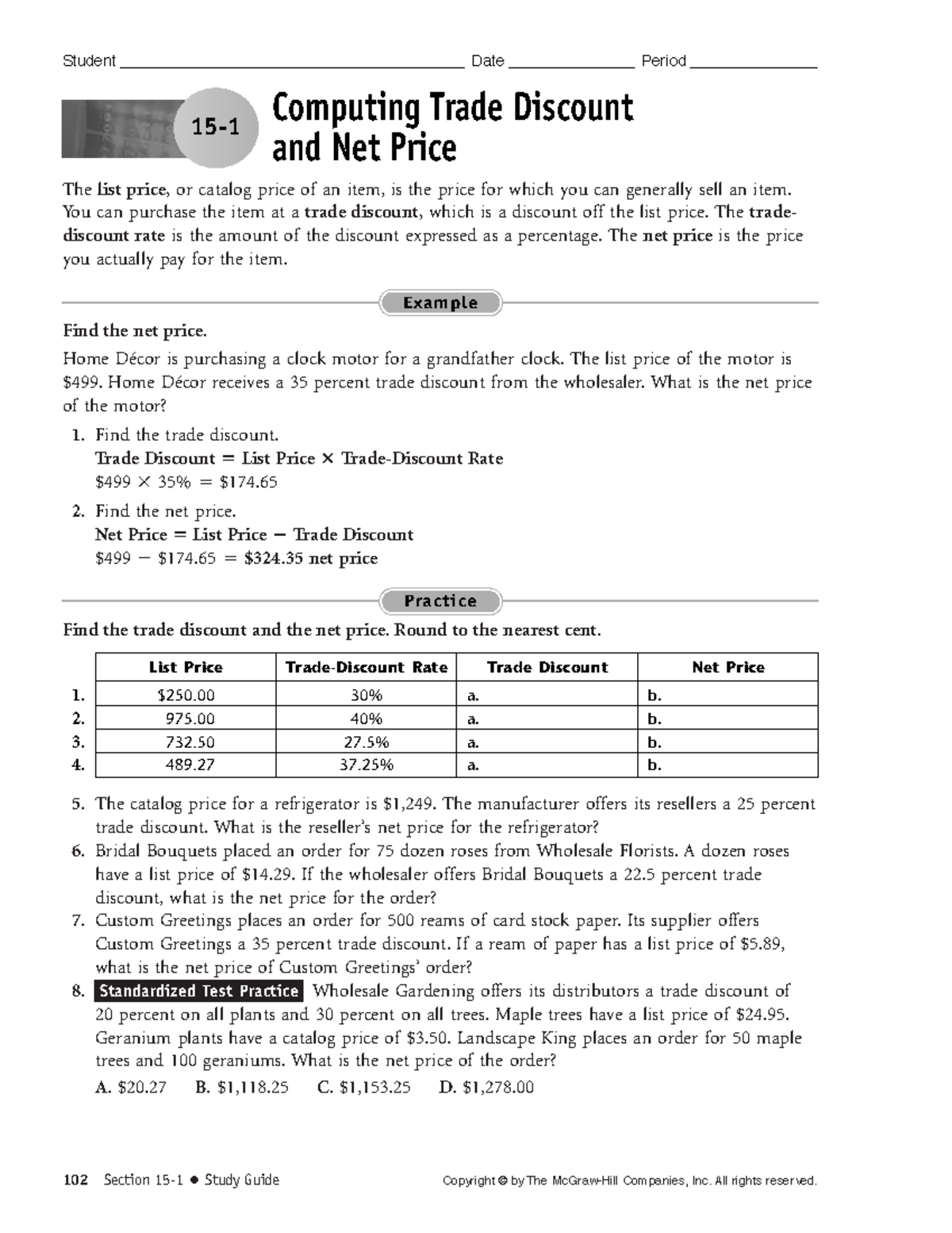 Trade AND CASH Discount - 102 Section 15-1 Study Guide Copyright © by ...