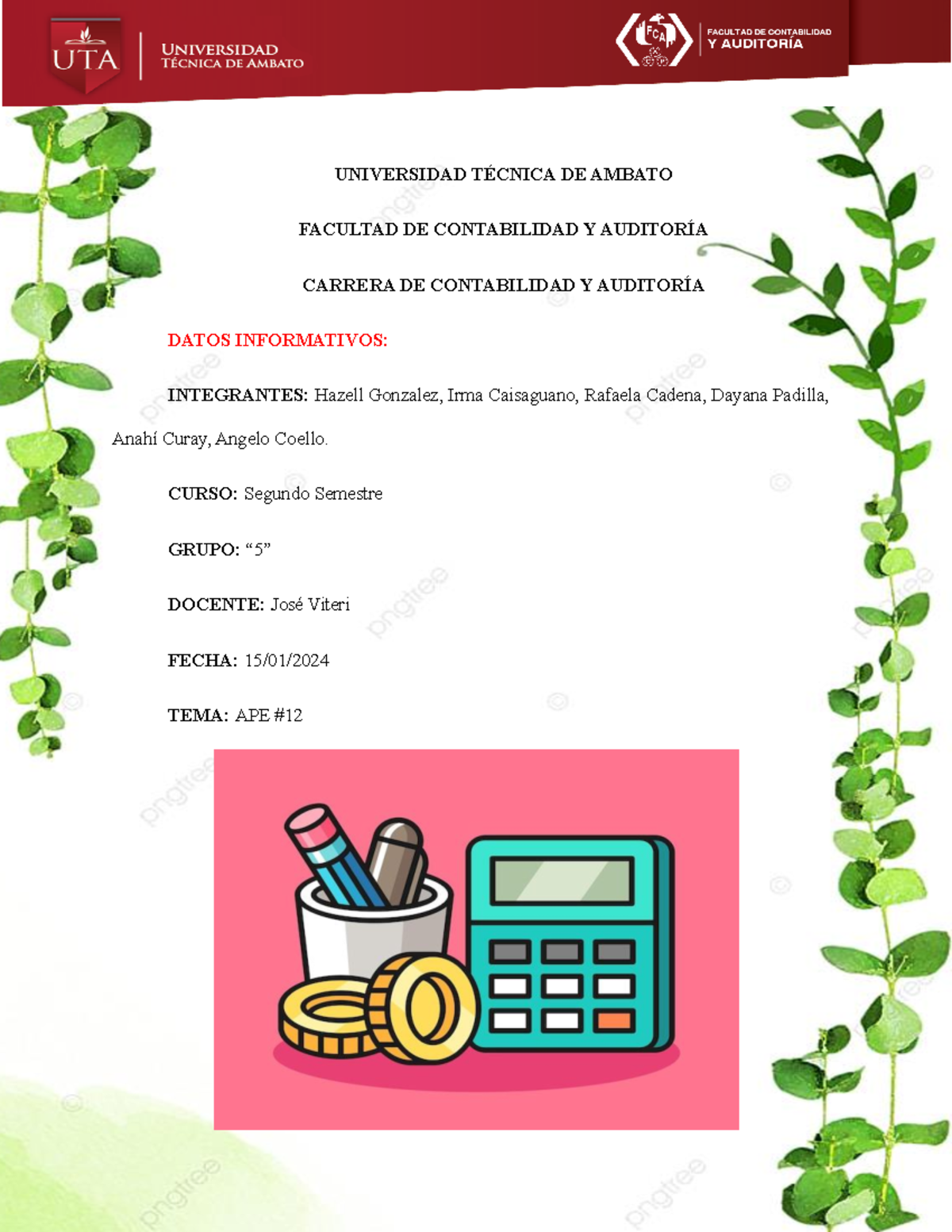 APE 12 - Ape - 1 UNIVERSIDAD TÉCNICA DE AMBATO FACULTAD DE CONTABILIDAD Y AUDITORÍA CARRERA DE ...