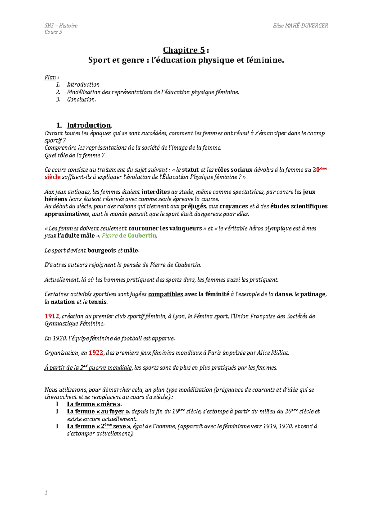 5. Sport et genre - Notes de cours 5 - Cours 5 Chapitre 5 : Sport et ...