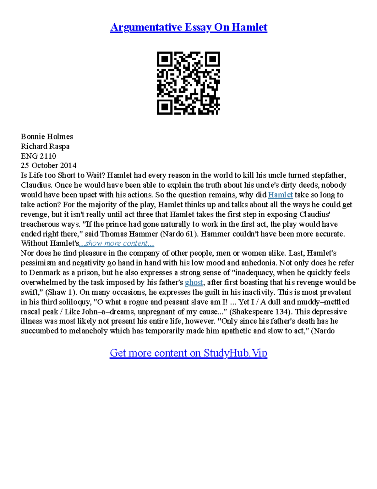 Essay Hamlet Essay Hamlet - Argumentative Essay On Hamlet Bonnie Holmes ...