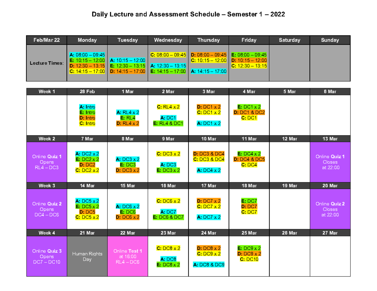 Comp maths semester 1 timetable - Feb/Mar 22 Monday Tuesday Wednesday ...