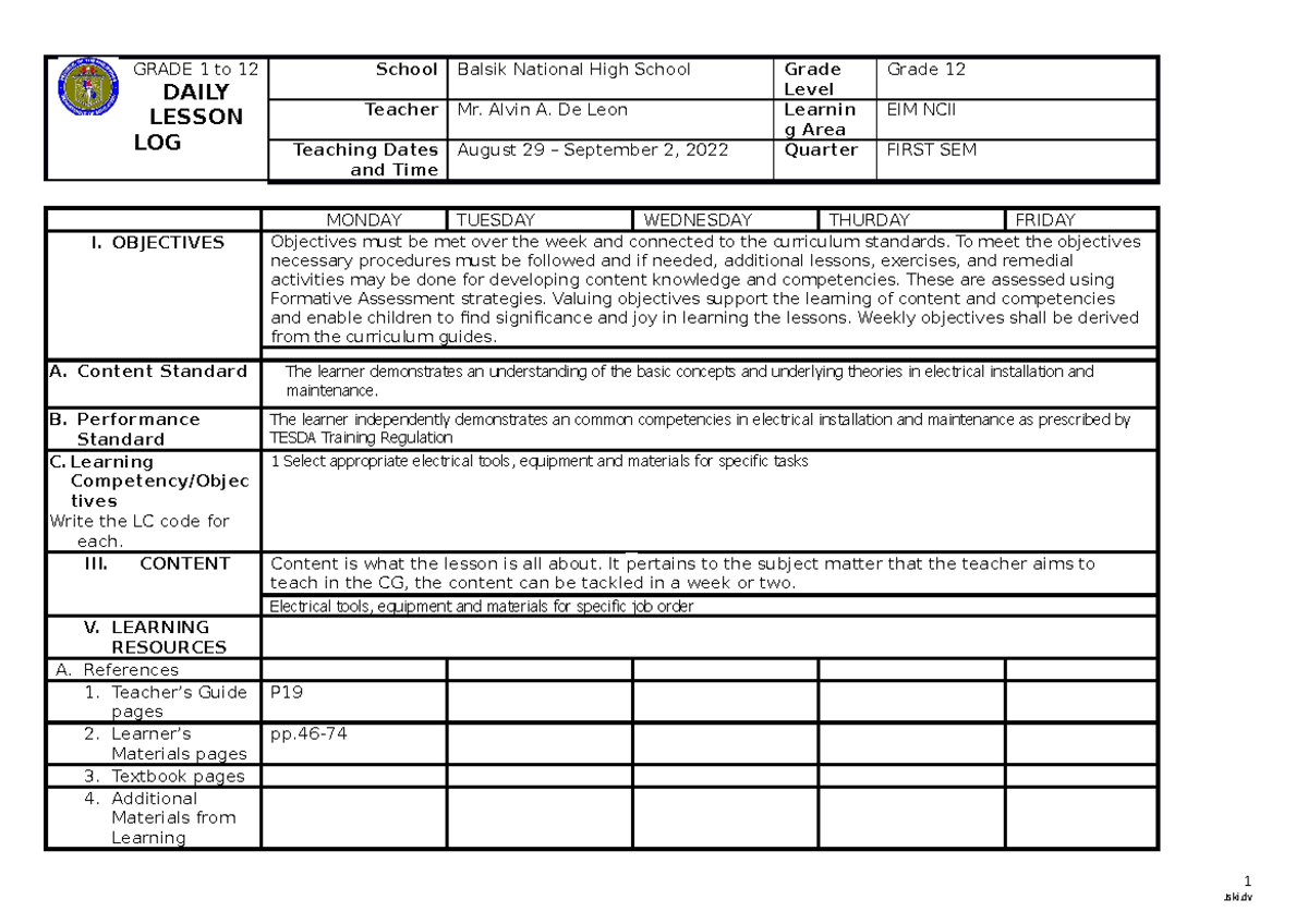 August 29 – September 2, 2022 DLL EIM 12 - GRADE 1 to 12 DAILY LESSON ...