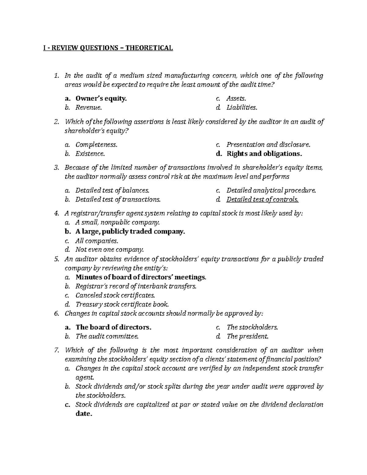 45. Shareholder's Equity quiz - I - REVIEW QUESTIONS – THEORETICAL In ...