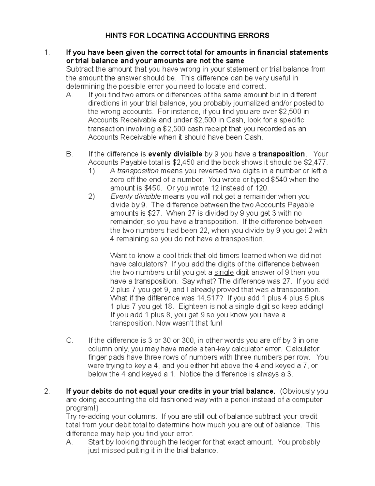 Accounting Errors - HINTS FOR LOCATING ACCOUNTING ERRORS If you have ...