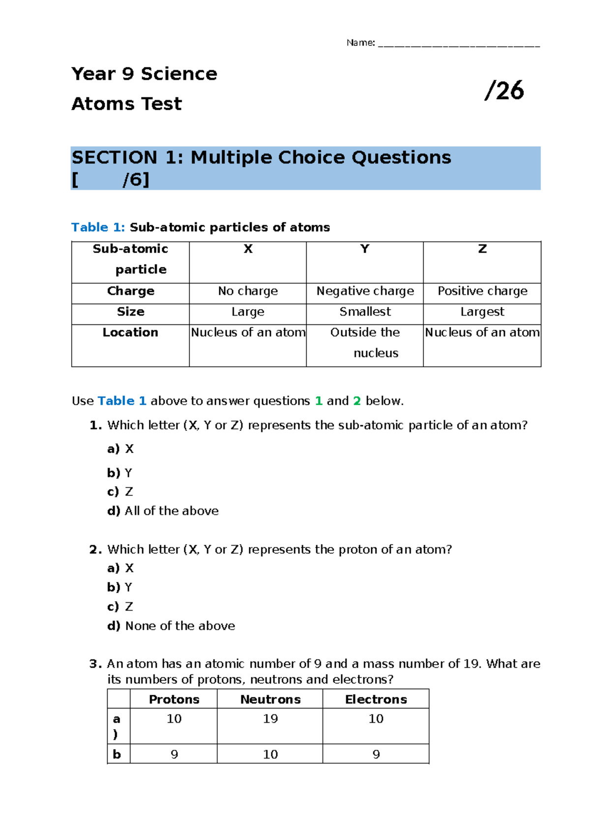Atoms Test - Year 9 Science Atoms Test SECTION 1: Multiple Choice ...