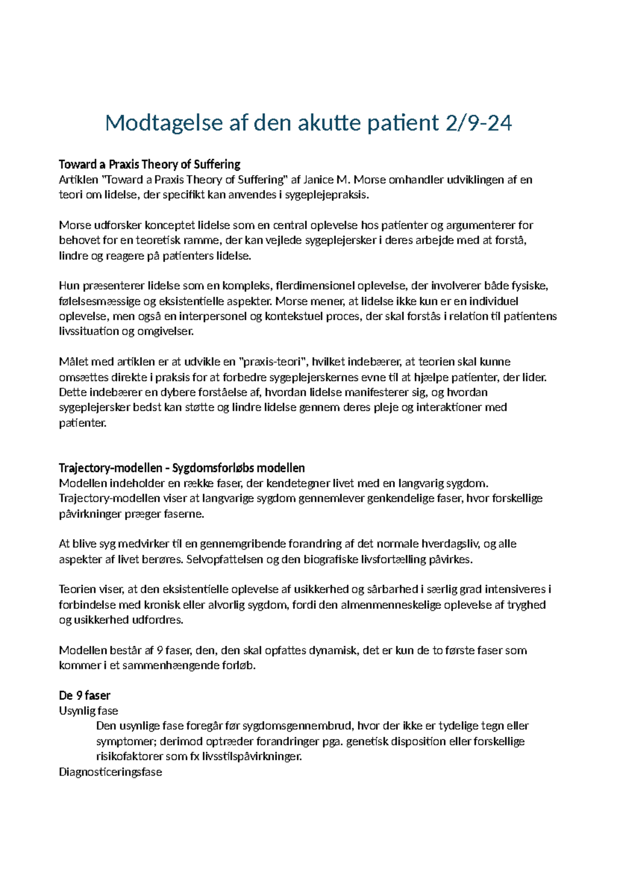 Modtagelse af den akutte patient 2 - Morse omhandler udviklingen af en teori om lidelse, der ...