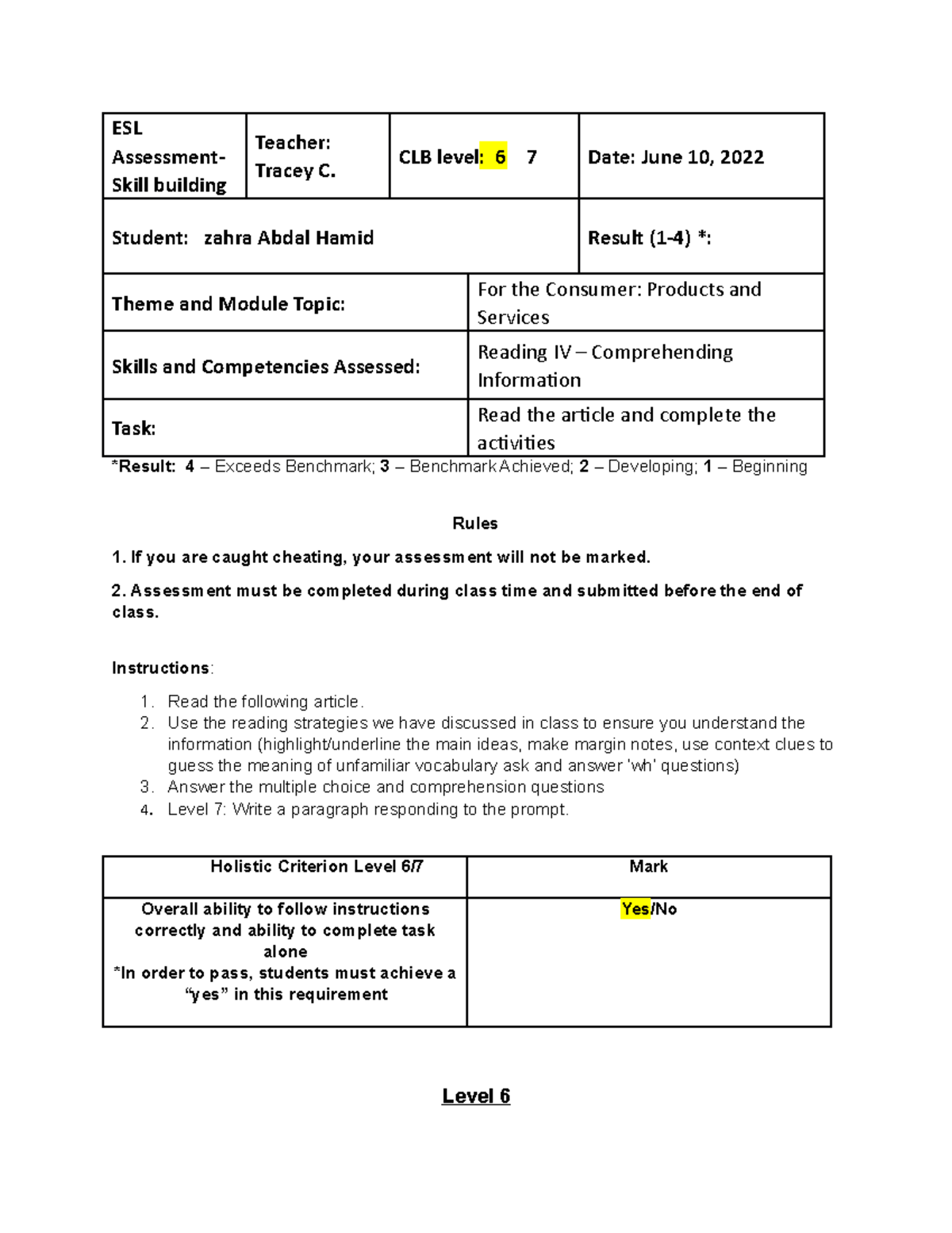 Reading+assesment+june10 - ESL Assessment- Skill building Teacher ...