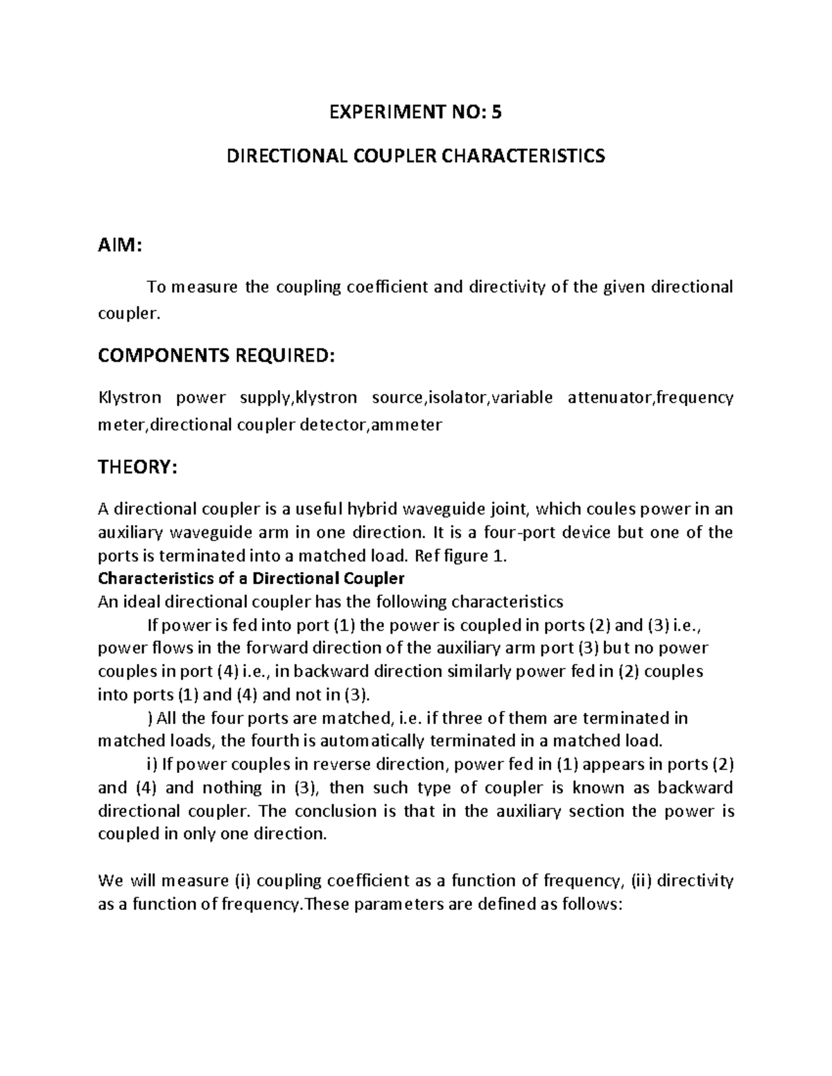 Lab manual-26-29 - EXPERIMENT NO: 5 DIRECTIONAL COUPLER CHARACTERISTICS ...