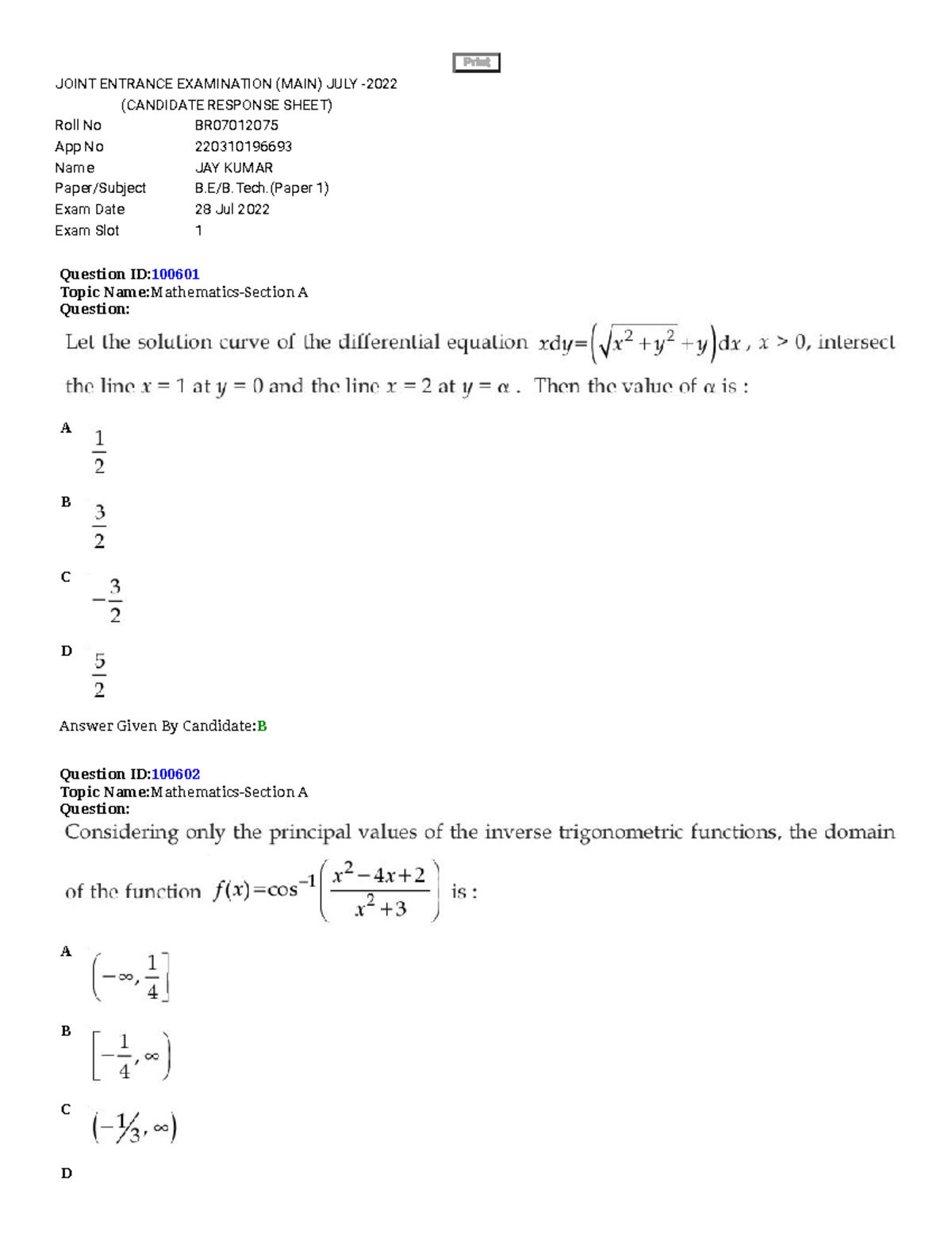 Answer - Print JOINT ENTRANCE EXAMINATION (MAIN) JULY - (CANDIDATE ...