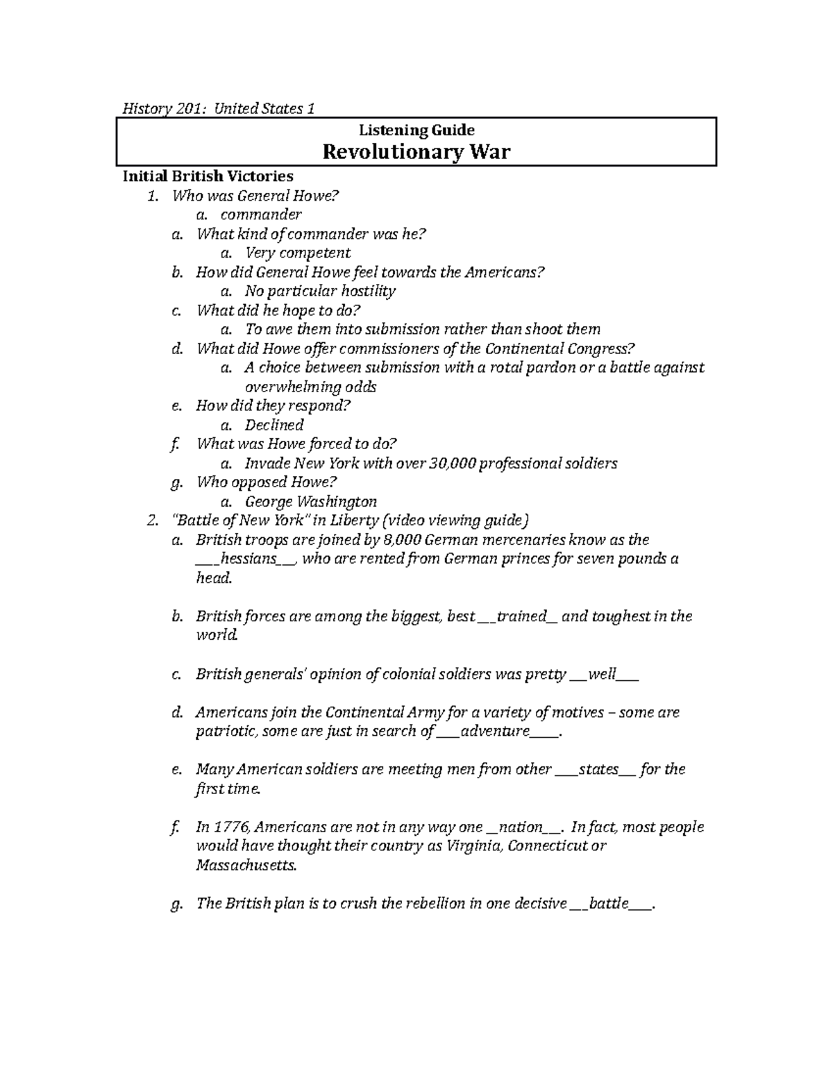 Revolutionary war (listening guide) - History 201: United States 1 ...