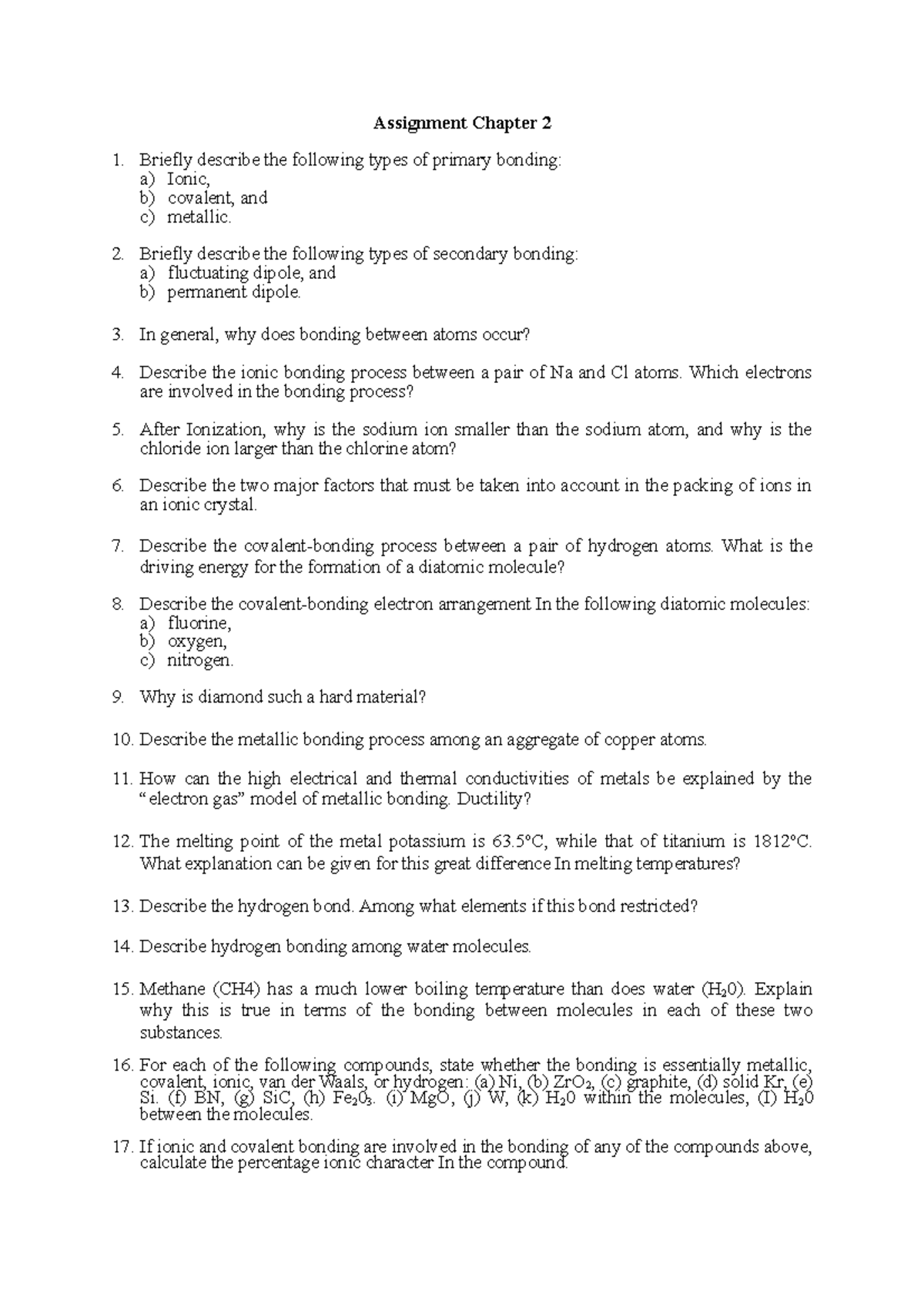 Tutorial Chap 2 material engineering 2nd year - Chemical Engineering ...