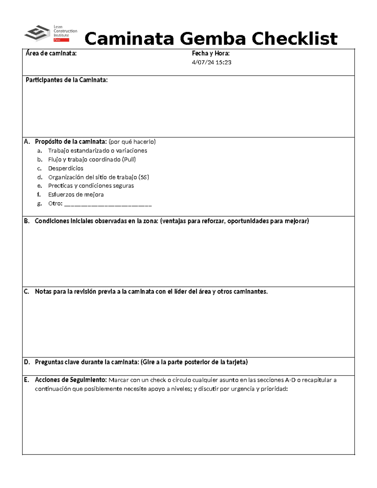 Gemba Walk Checklist - Caminata Gemba Checklist Área de caminata: Fecha ...