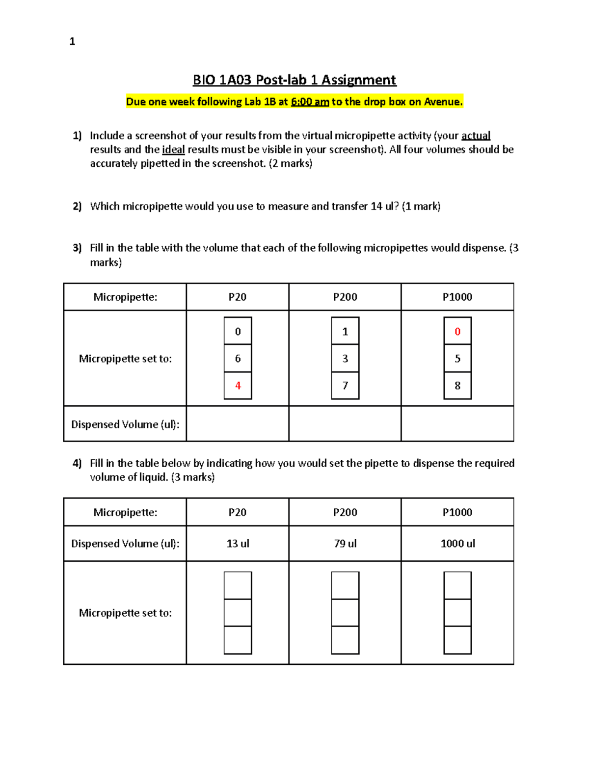 Post-lab 1 Assignment W2022 - Techniques in Micropipetting and Creating ...