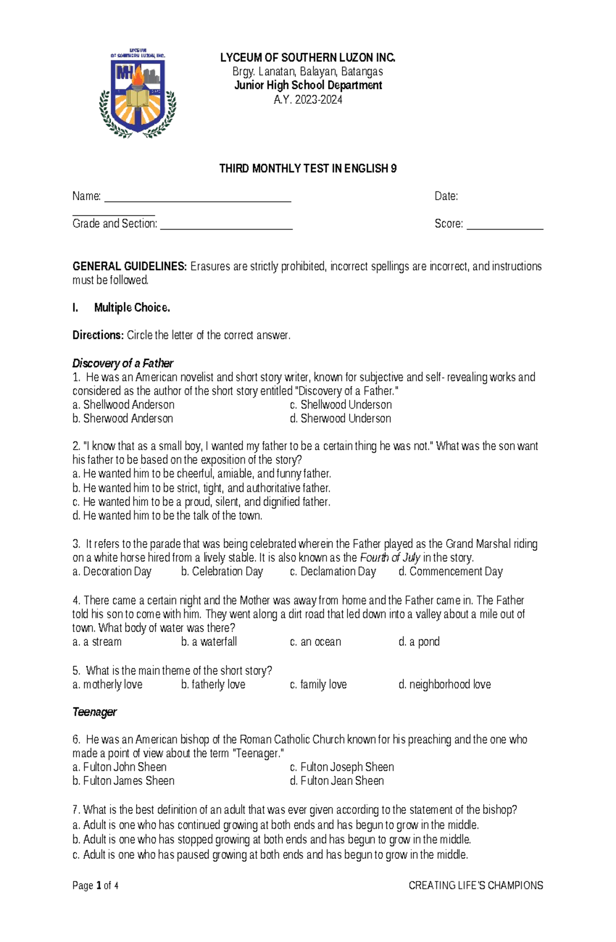 2023-2024 English 9 Second Monthly Test - LYCEUM OF SOUTHERN LUZON INC ...