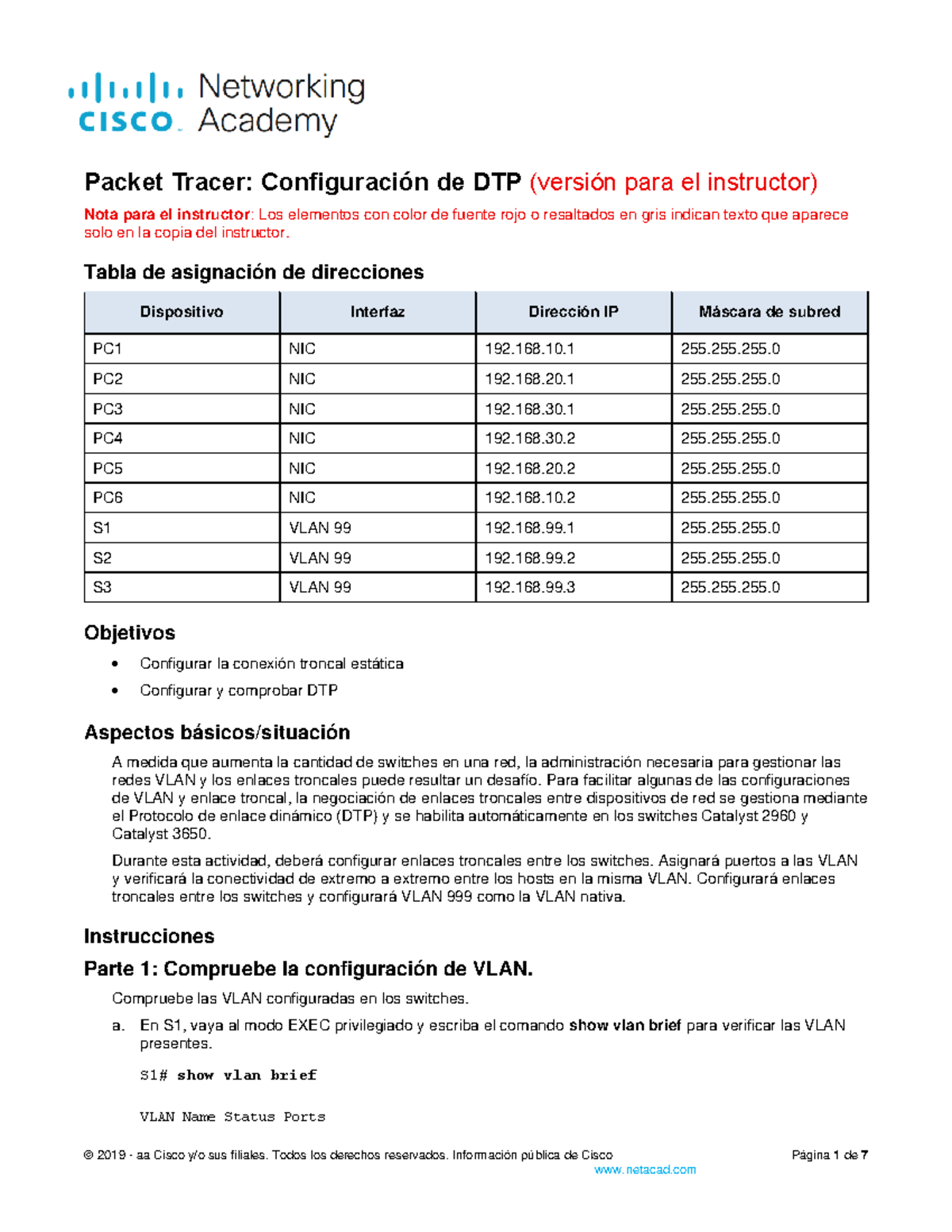 3.5.5 Packet Tracer - Configure DTP - ILM - © 2019 - aa Cisco y/o sus ...
