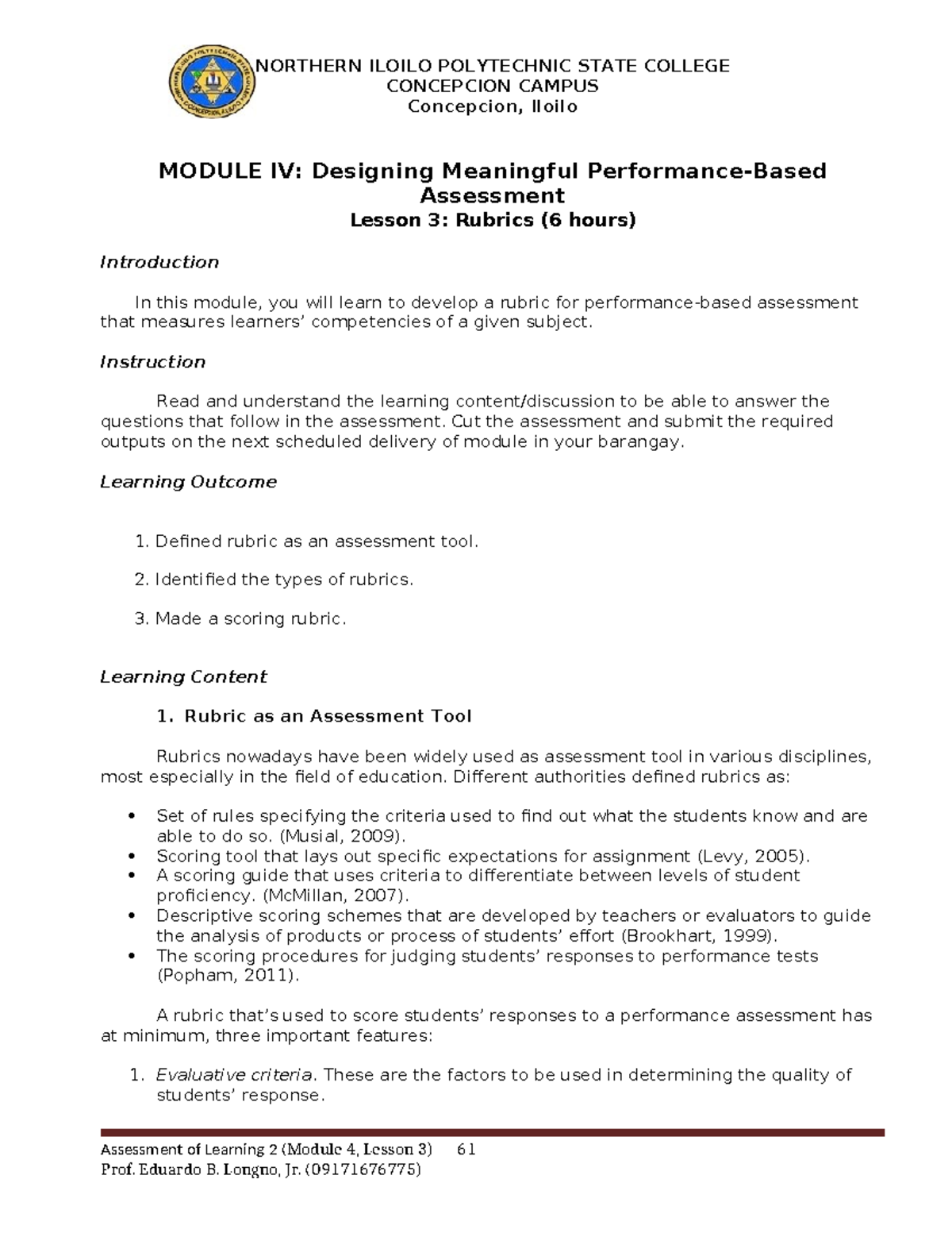 Assessment-M4-L3 - nothing - CONCEPCION CAMPUS Concepcion, Iloilo MODULE IV: Designing ...