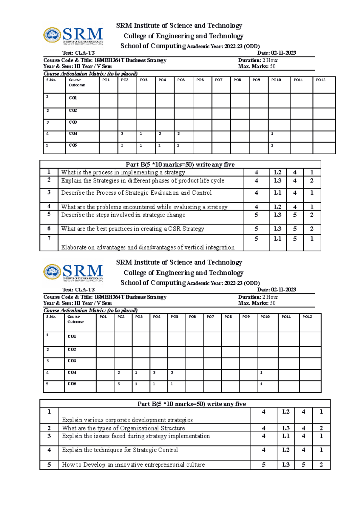Ct3 Qp 50 Adawdawdadfawdawdawd Srm Institute Of Science And Technology College Of