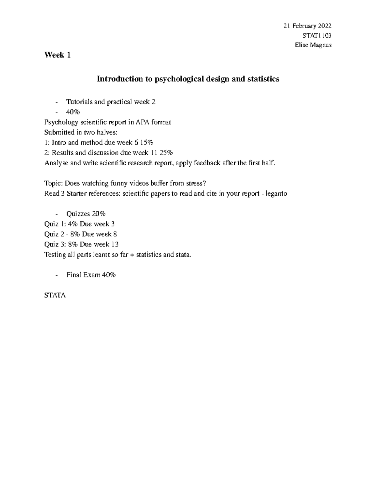 STAT1103 - Sem 1 - Lecture notes for introduction to design and ...