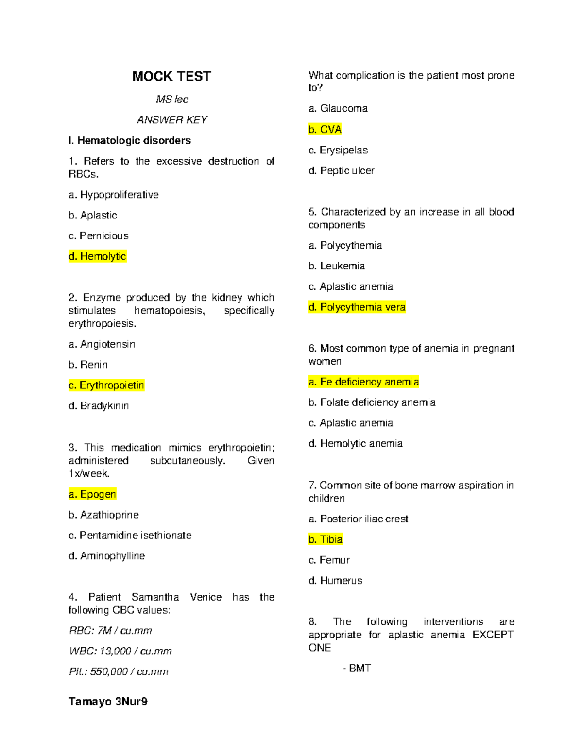 MOCK TEST for Medical Surgical Nursing - MOCK TEST MS lec ANSWER KEY I ...