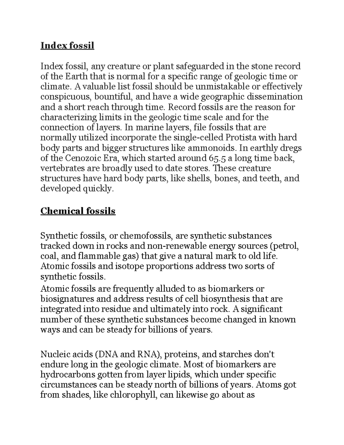 Body fossil (Micro- and Megafossils), Trace fossil, Chemical fossil ...
