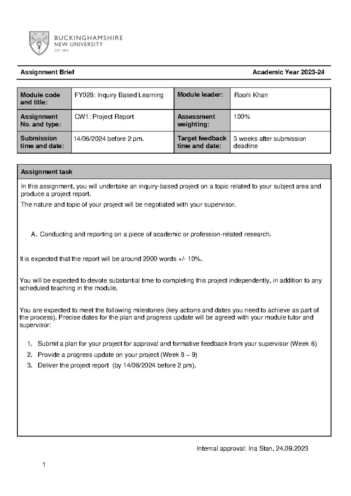 FY028 CW1 Assignment Brief - Assignment Brief Academic Year 2023 - 24 Module code and title ...