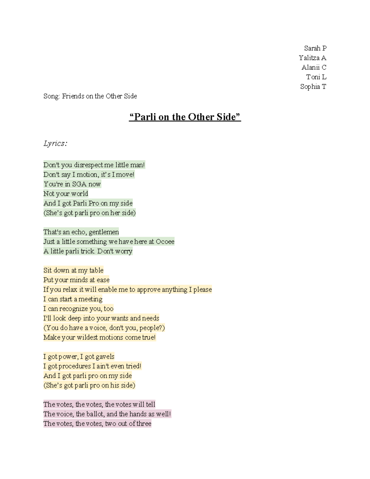 Parli Pro - Song (SGA) - song - Sarah P Yalitza A Alanii C Toni L ...