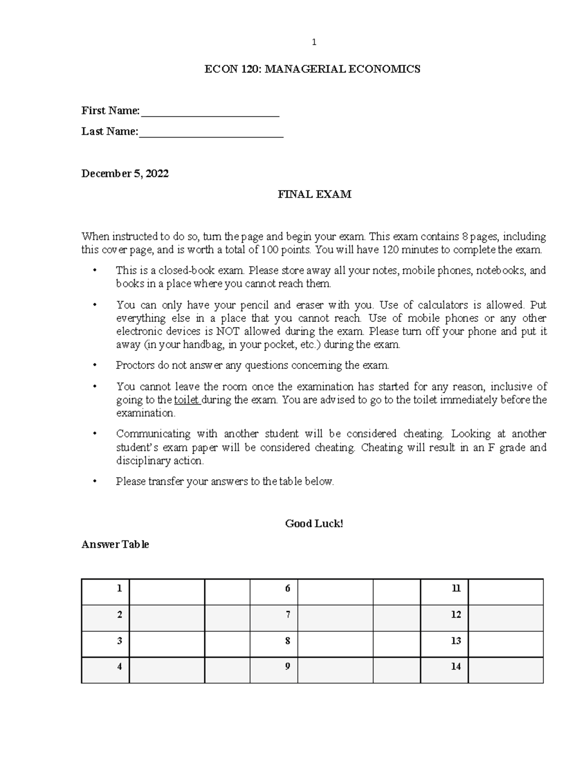 Final exam sample - ECON 120: MANAGERIAL ECONOMICS First Name ...