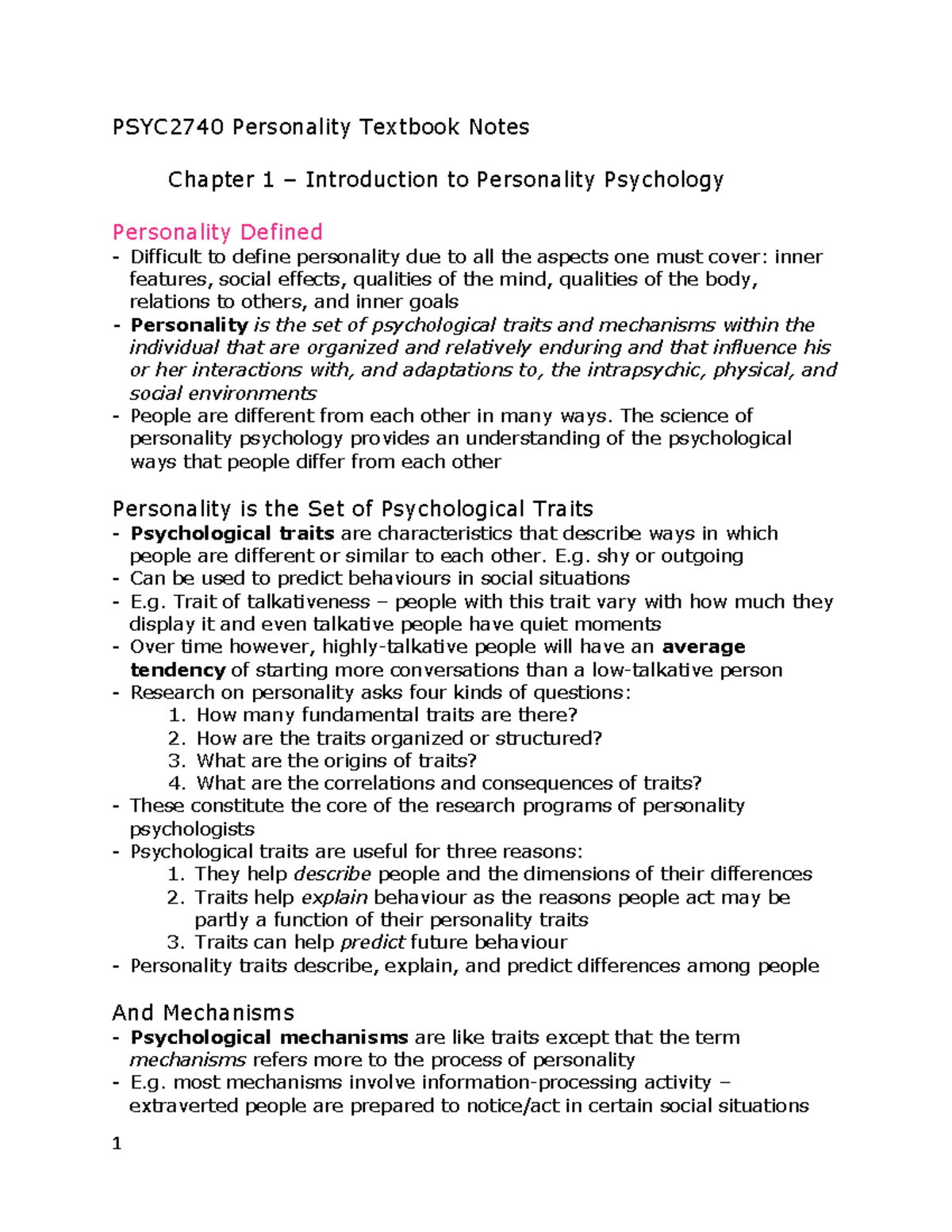 Personality Textbook Notes - PSYC2740 Personality Textbook Notes ...