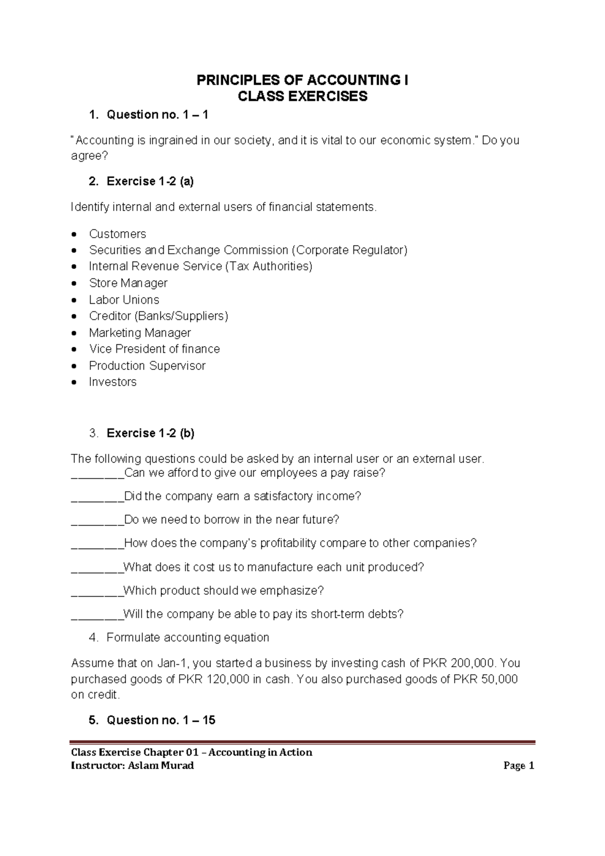 Class Exercise - Ch-1 - CLASS EXERCISES Class Exercise Chapter 01 ...