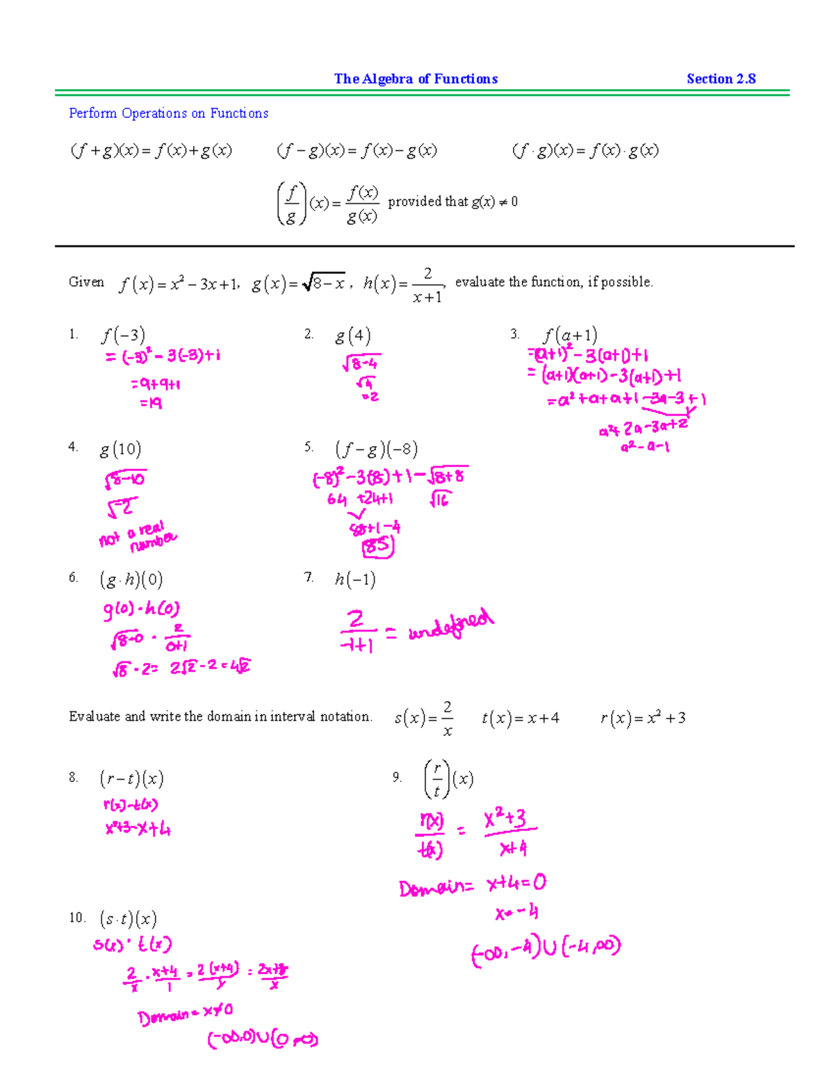 2.8- The Algebra of functions - The Algebra of Functions Section 2 ...