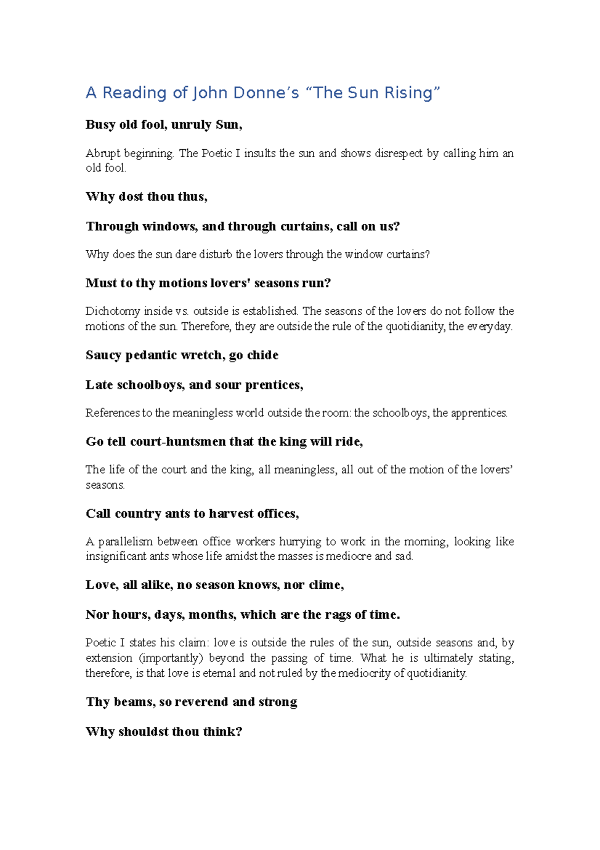 John Donne. The Sun Rising - A Reading of John Donne’s “The Sun Rising ...