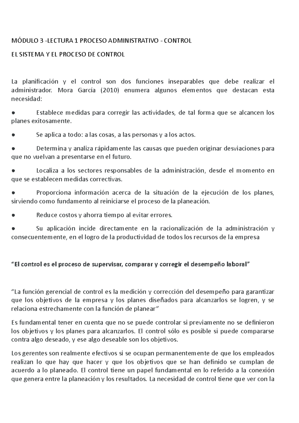 Resumen módulo 3 - MÓDULO 3 -LECTURA 1 PROCESO ADMINISTRATIVO - CONTROL EL SISTEMA Y EL PROCESO ...