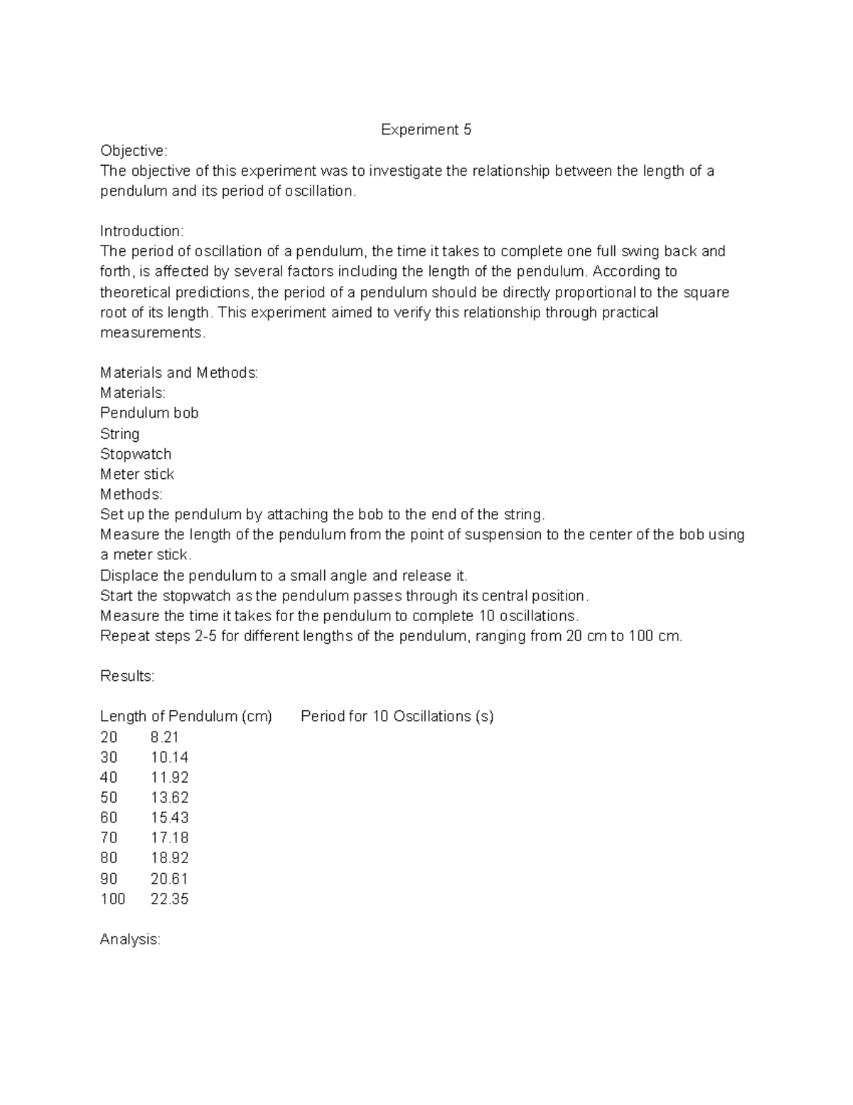 Experiment 5 - Introduction: The period of oscillation of a pendulum ...