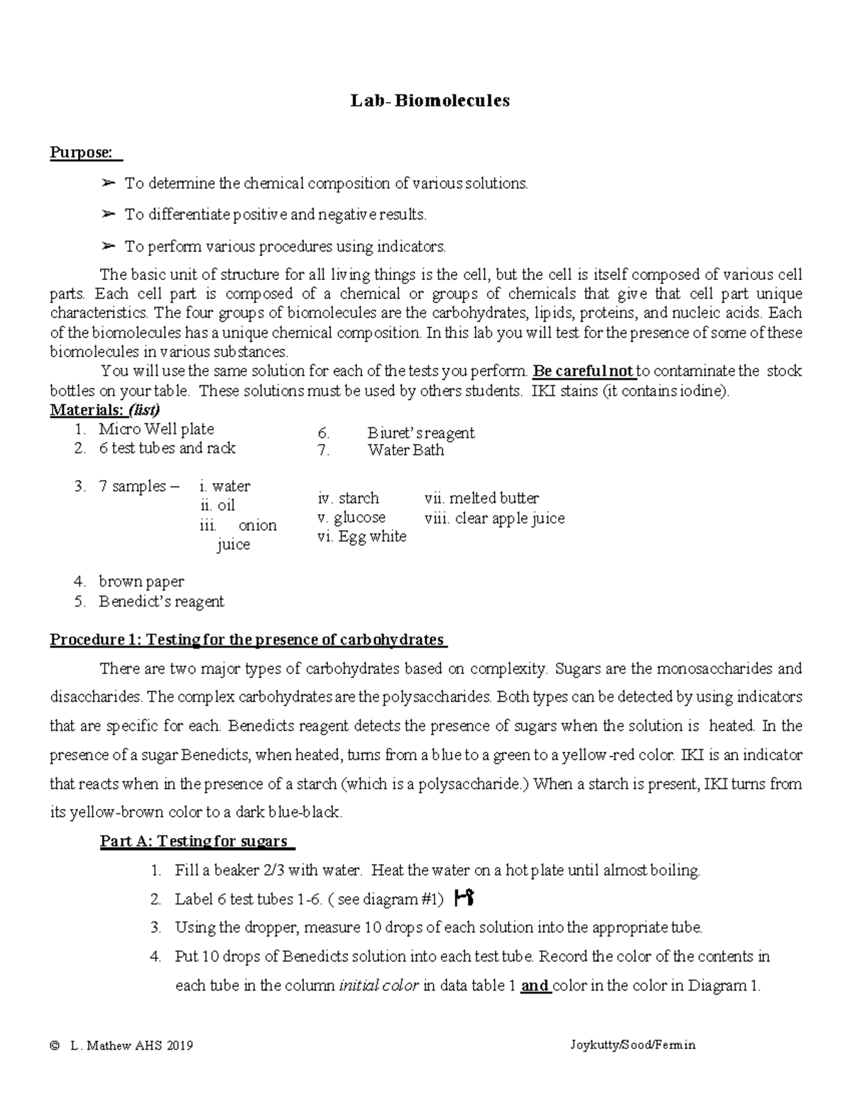 Biomolecules+lab+2019 + - Lab- Biomolecules Purpose: To determine the ...